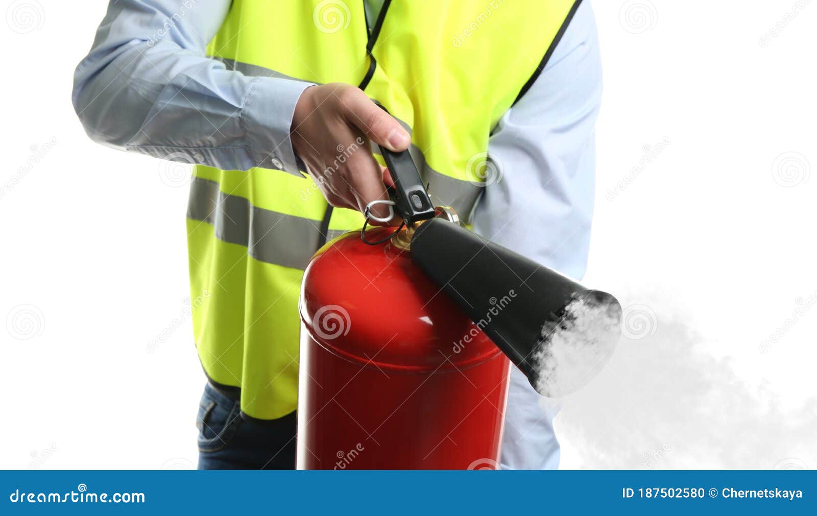 Worker Using Fire Extinguisher on Background, Closeup Stock Photo ...