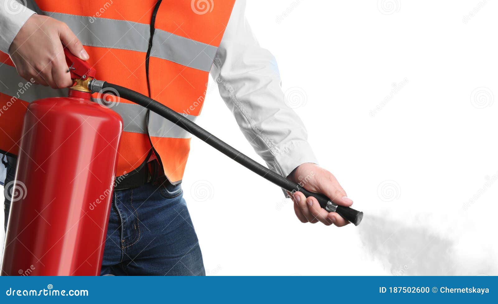 Worker Using Fire Extinguisher on Background, Closeup Stock Photo ...