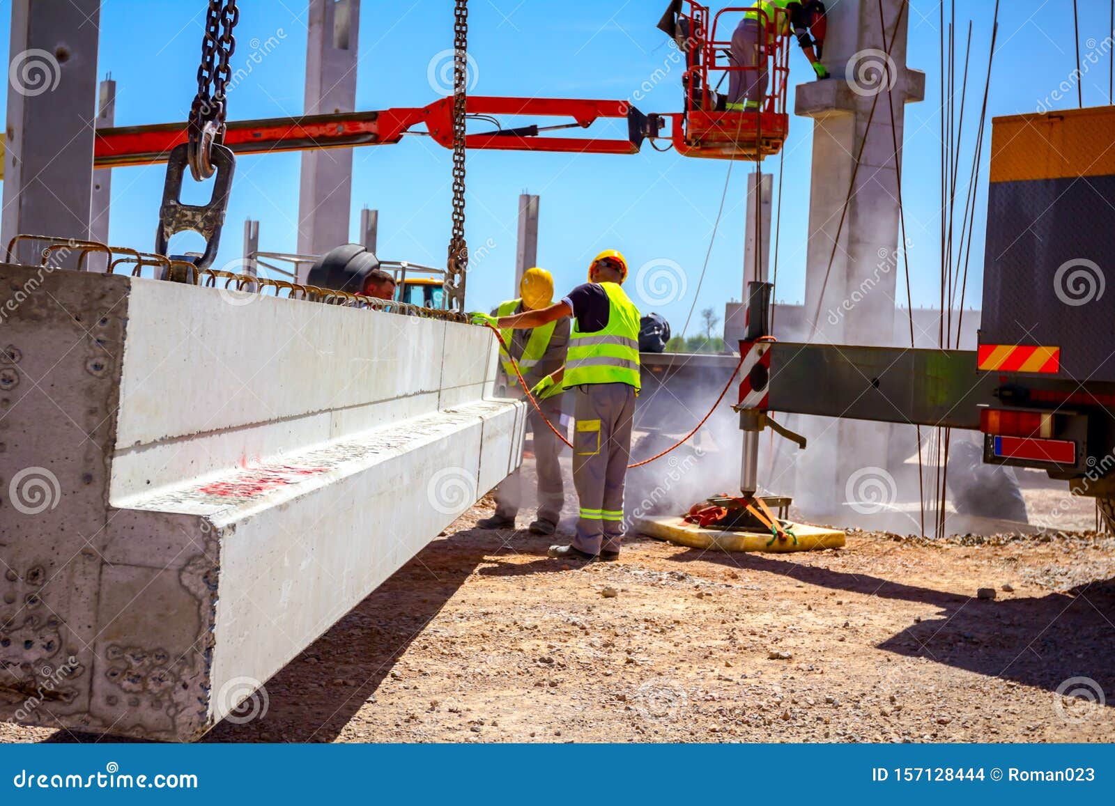 Worker is Using Grinder for Cutting Cement Pillar Excess of Material To ...