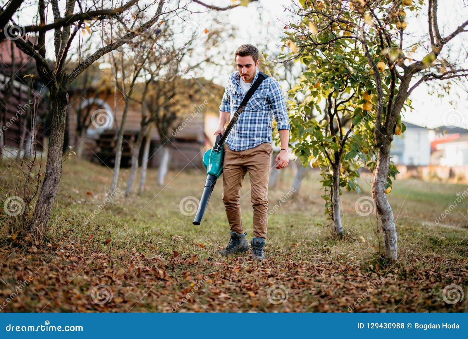 Man, Worker Using Leaf Blower, Garden Vacuum and Cleaning Up the Garden ...