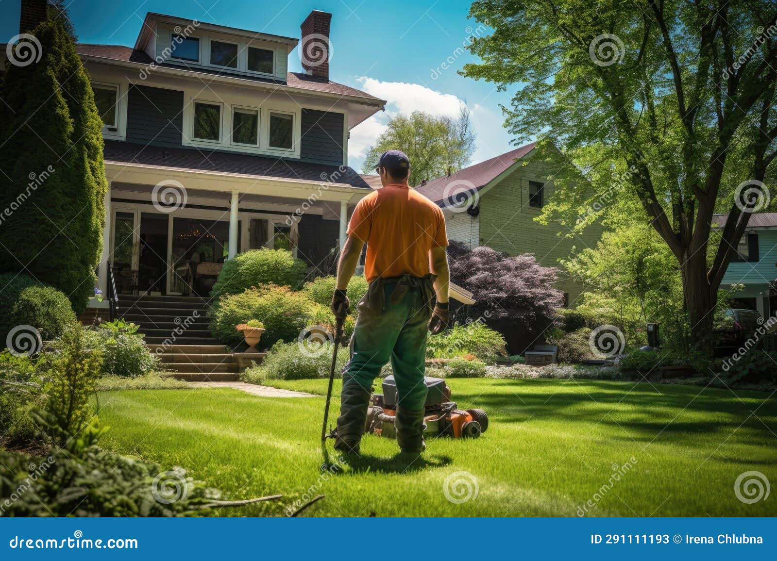 Worker Using a Manual Lawn Mower Mows Grass on Near the House Stock ...