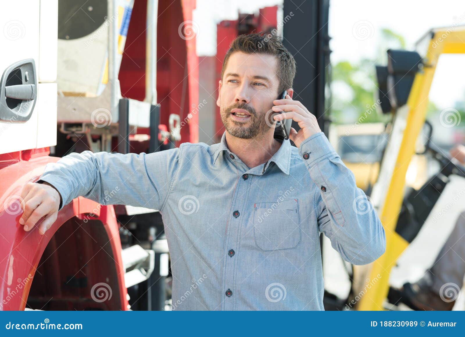Worker using a phone stock image. Image of break, package - 188230989