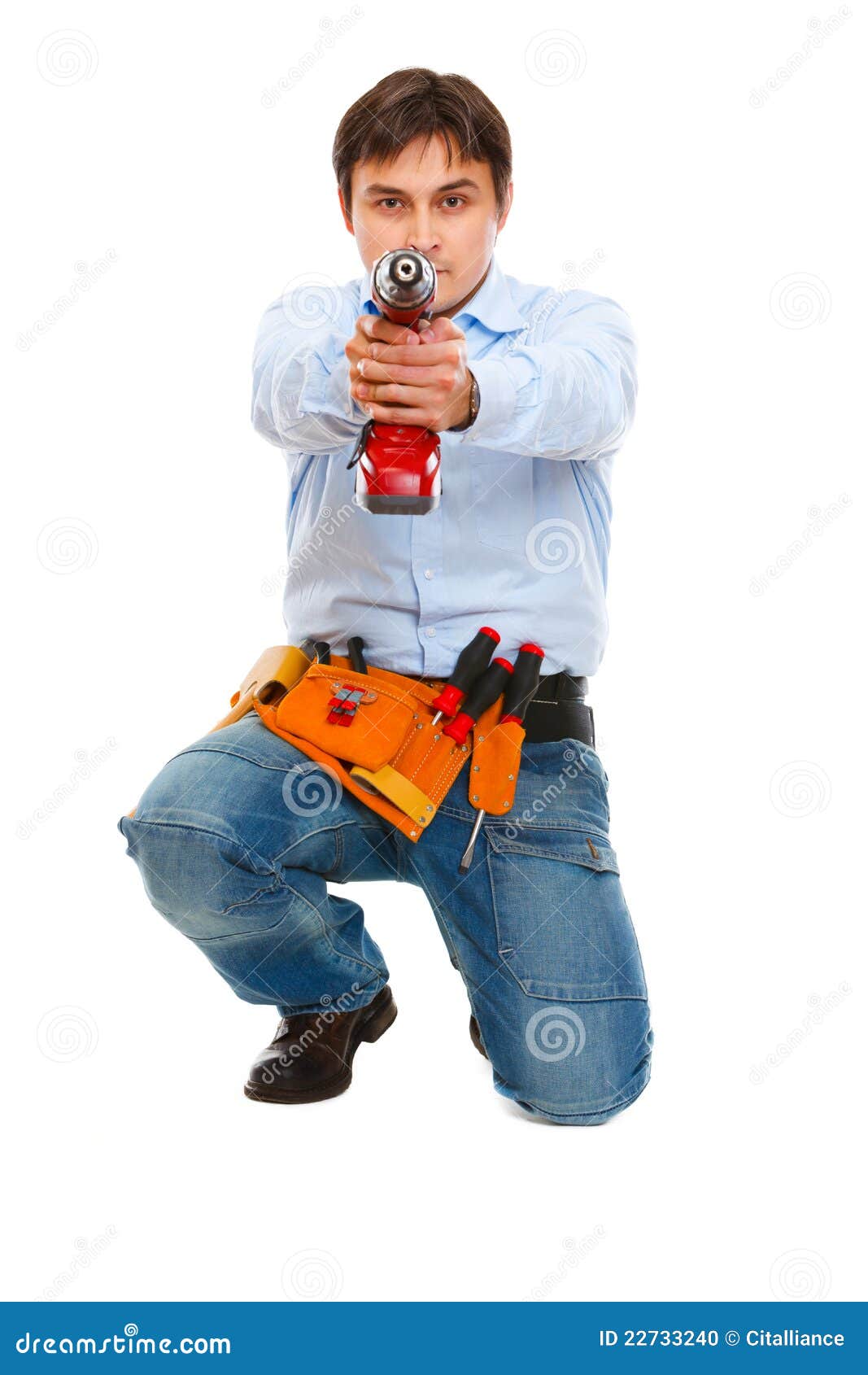 Worker Using Pointing Drill As Gun in Camera Stock Photo - Image of ...