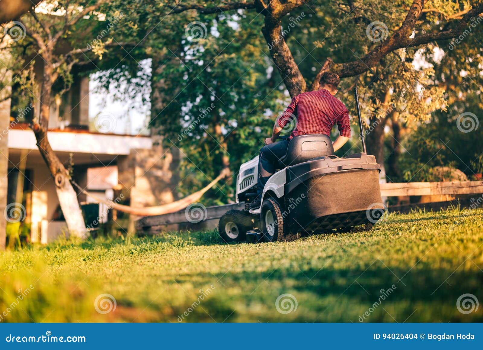 Worker Using Professional Lawn Mower for Trimming Backyard Grass ...