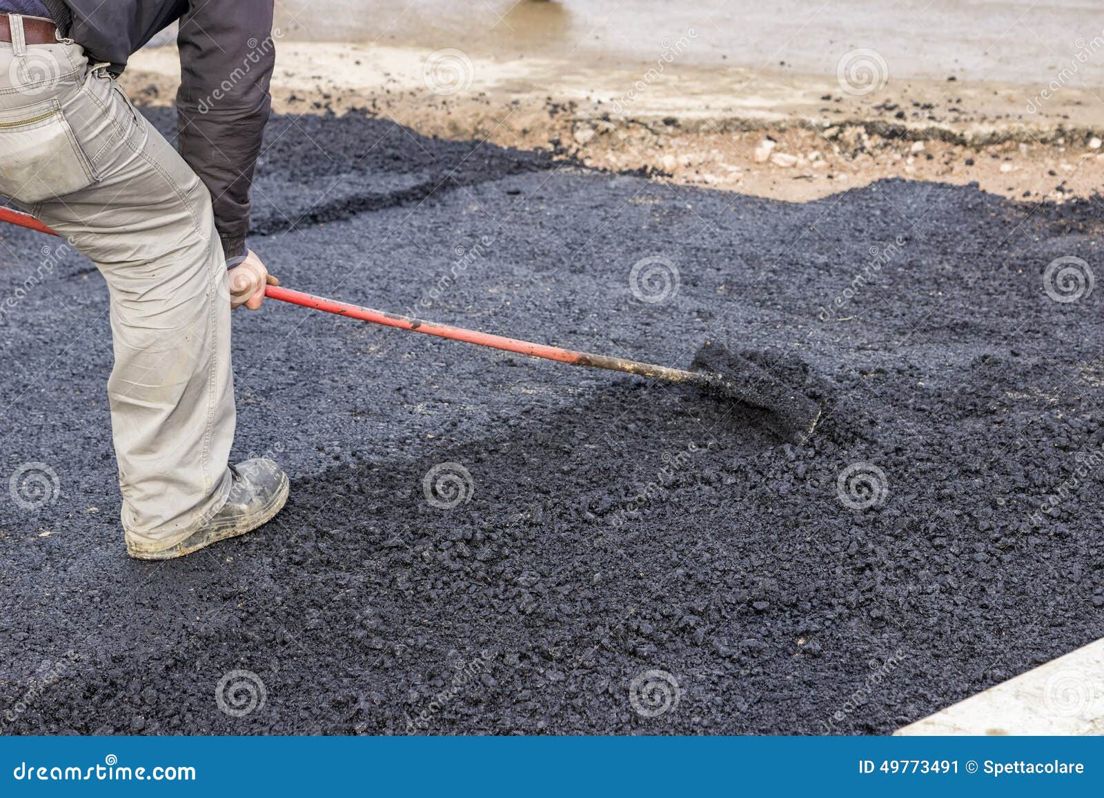 Worker Using Rake To Level Asphalt Pavement 3 Stock Image - Image of ...