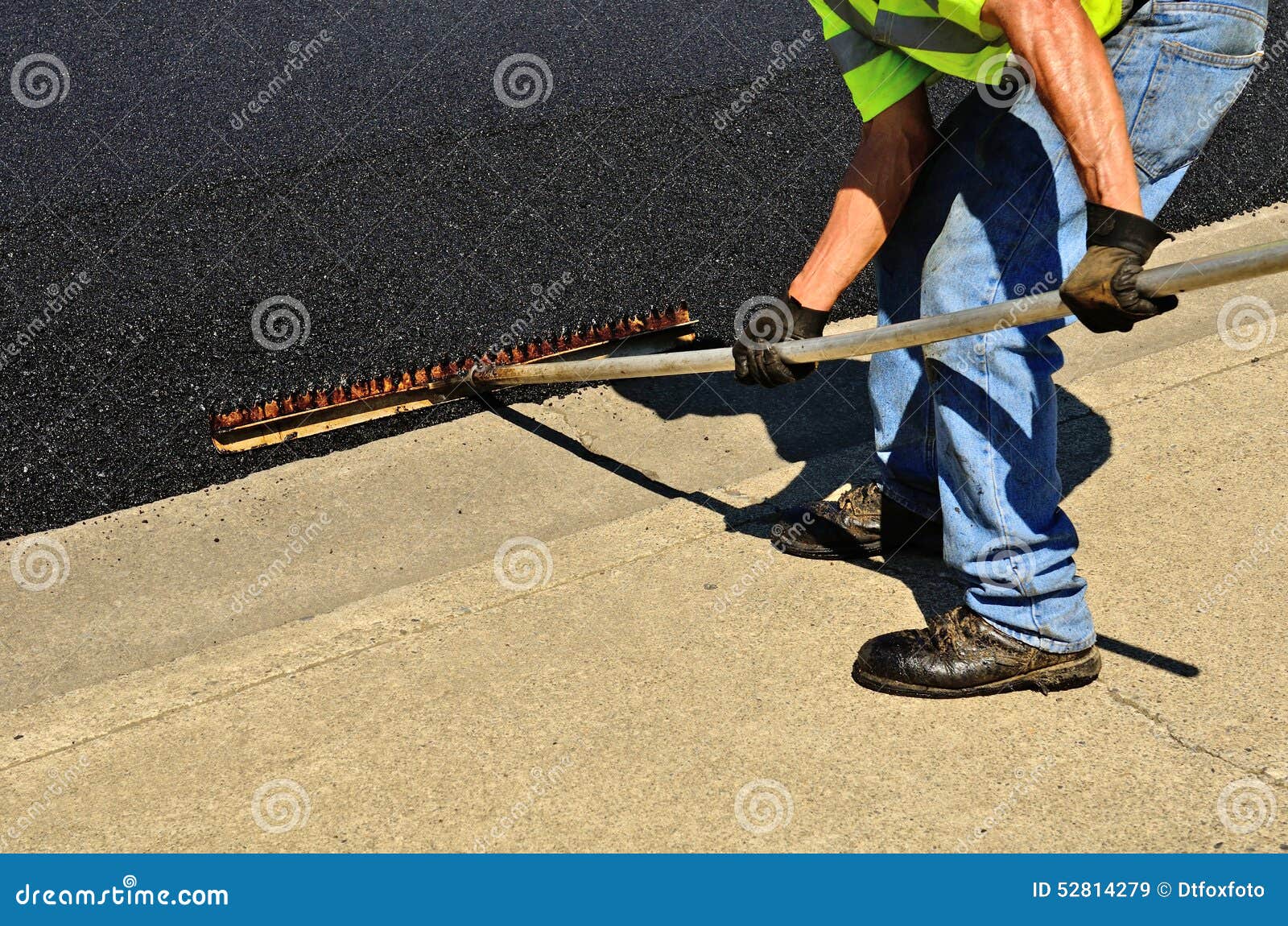 Worker Using a Rake To Push Excess Asphalt Stock Image - Image of steam ...