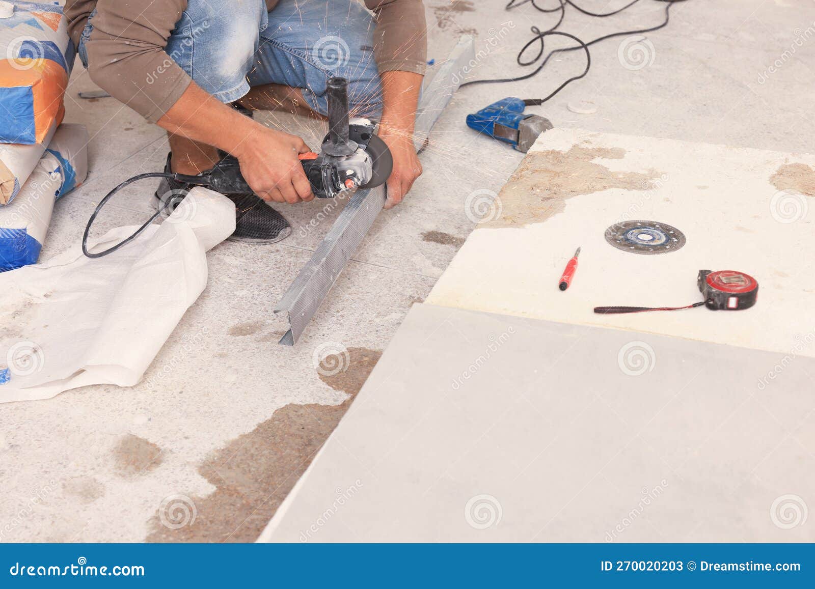 Worker Using Saw with Circular Diamond Blade for Metal Stud Cutting ...