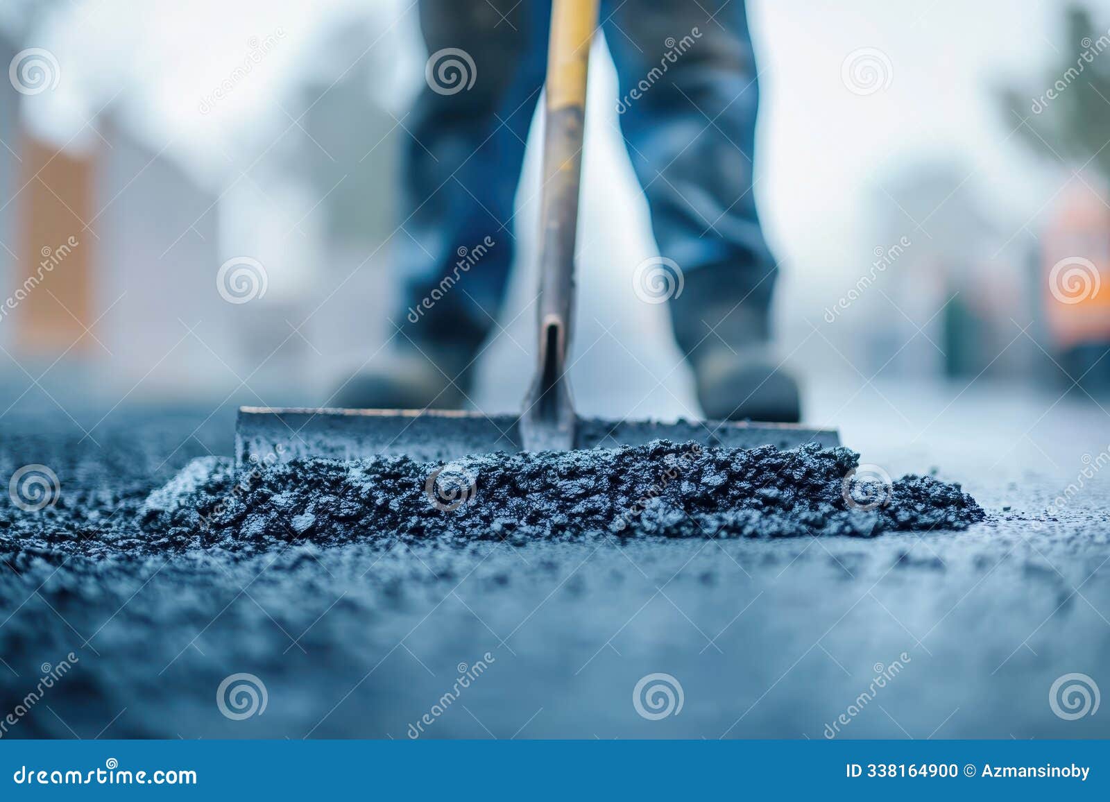 A Worker Using a Shovel To Spread Asphalt on a Road Construction Site ...
