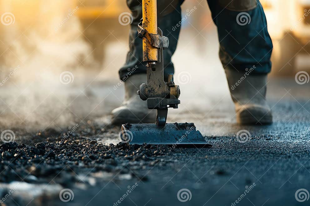 A Worker Using a Tool To Lay Asphalt on a Road Under Construction ...
