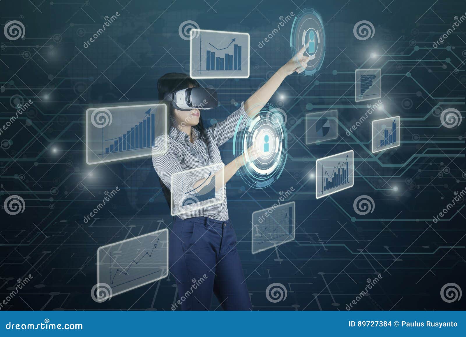 Worker with VR Headset and Virtual Screen Stock Photo - Image of ...