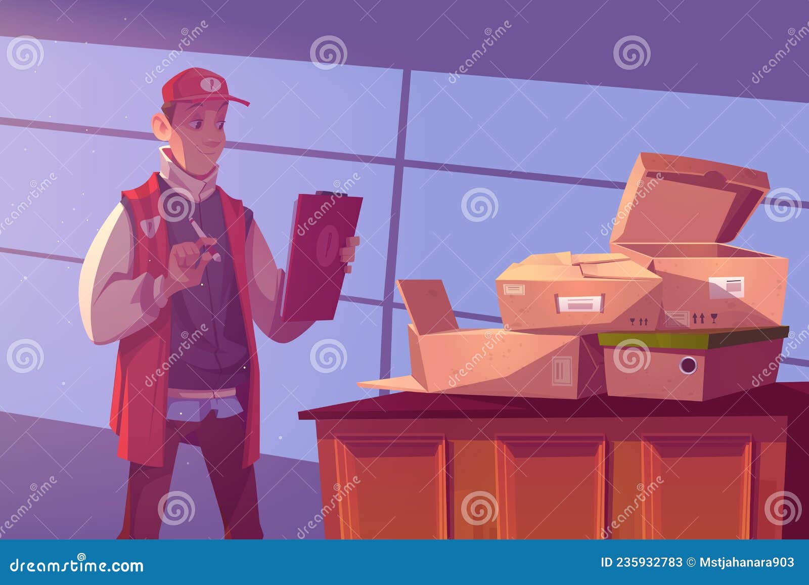 Worker in Warehouse with Cardboard Boxes on Table Stock Vector ...