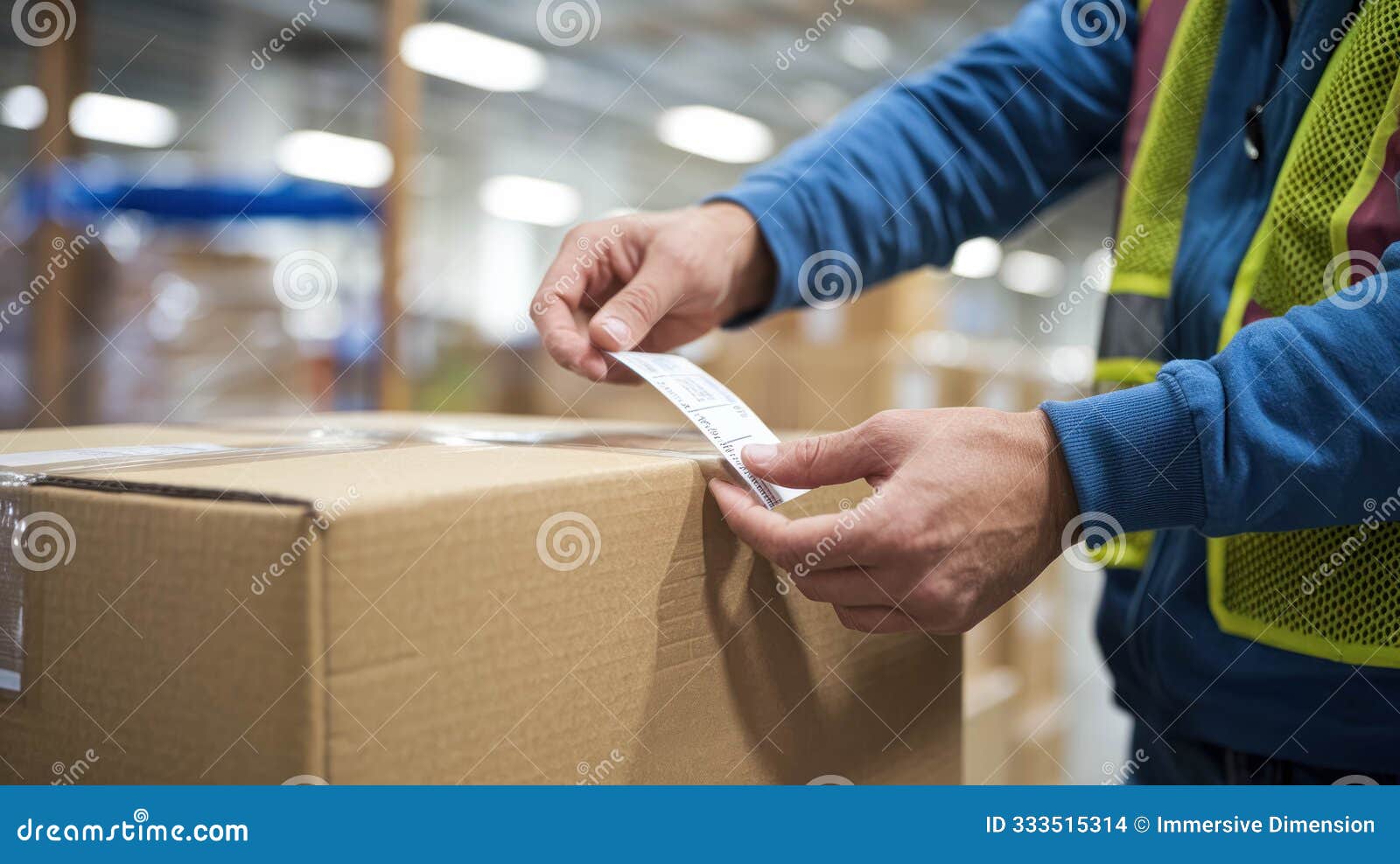 Worker in a Warehouse Carefully Placing a Shipping Label on a Medium ...