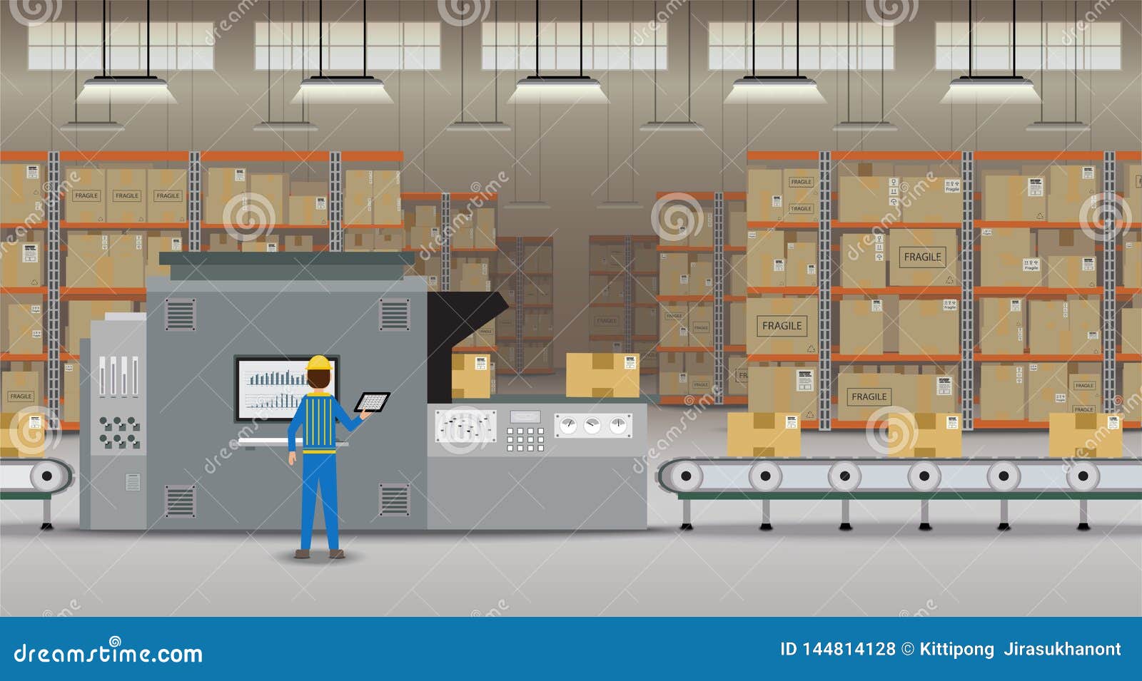 Worker in warehouse stock vector. Illustration of cardboard - 144814128