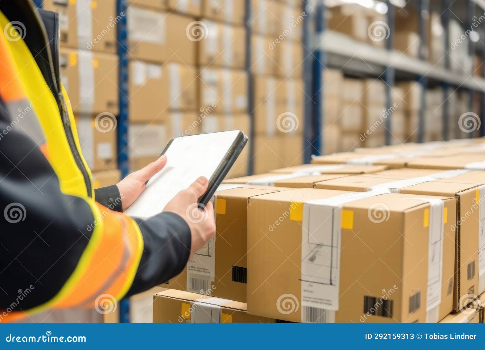 Worker in a Warehouse, Stacked Packages Stock Illustration ...