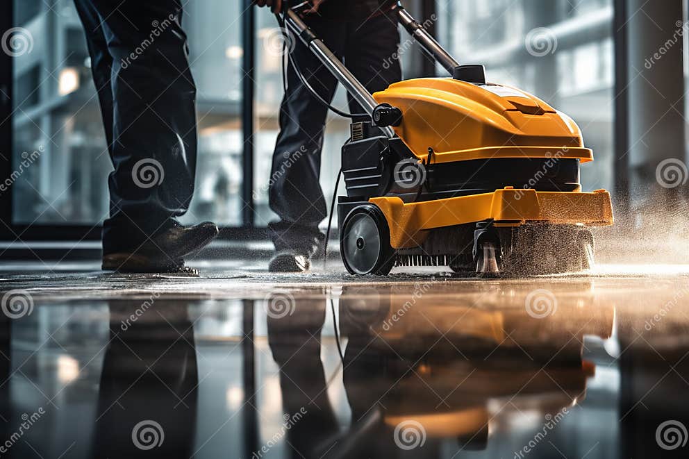 Worker Washing Office Floor with Cleaning Machine Stock Image - Image ...