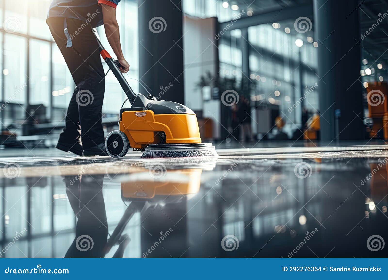Worker Washing Office Floor with Cleaning Machine. Generative AI Stock ...