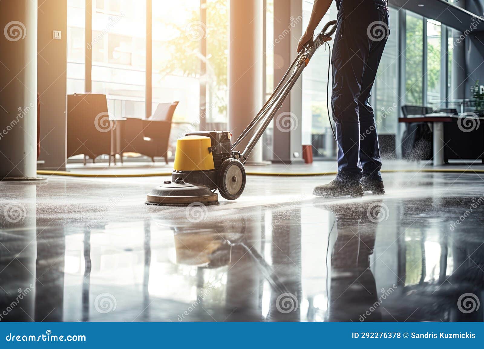 Worker Washing Office Floor with Cleaning Machine. Generative AI Stock ...