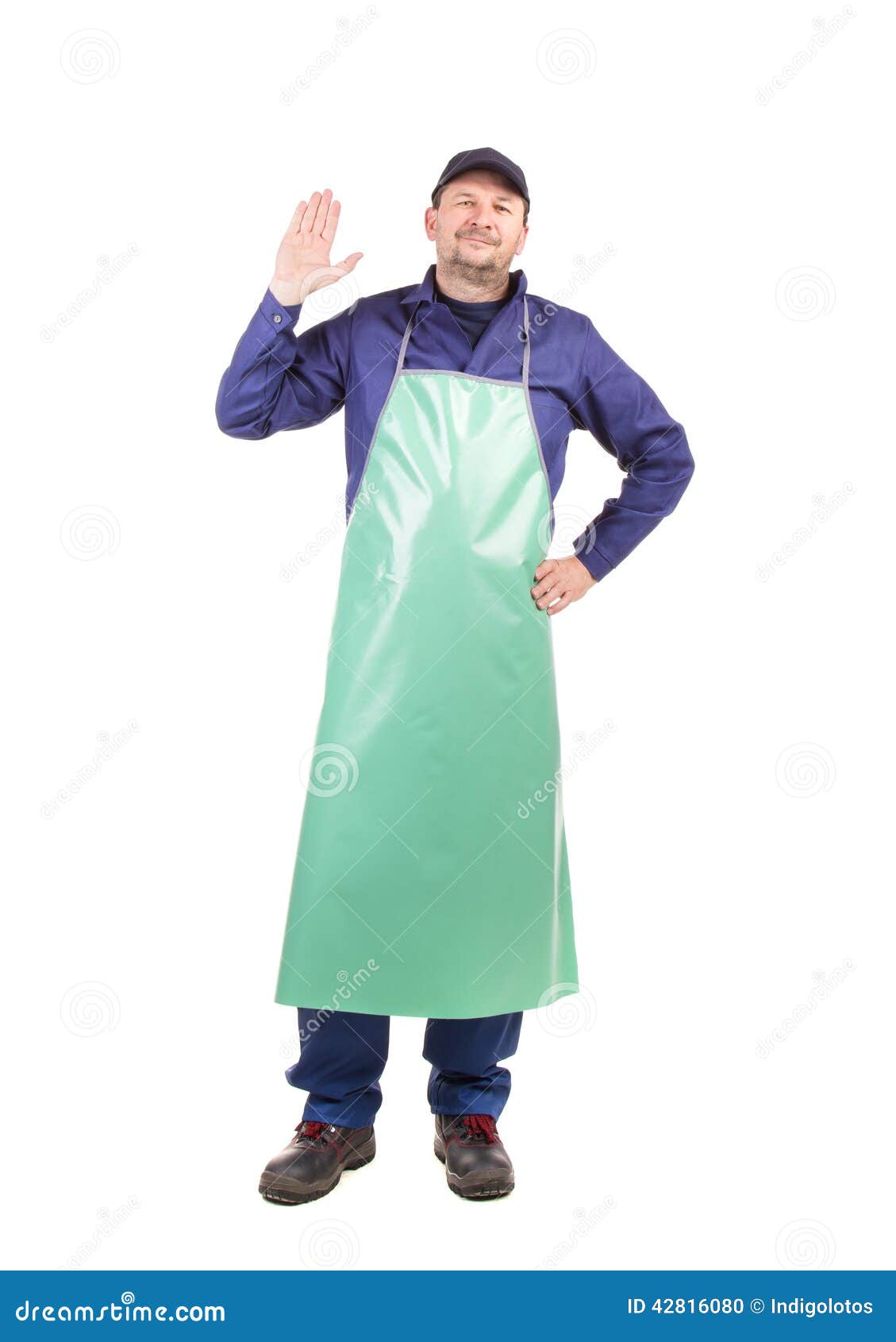 Worker wearing blue apron. stock photo. Image of head - 42816080