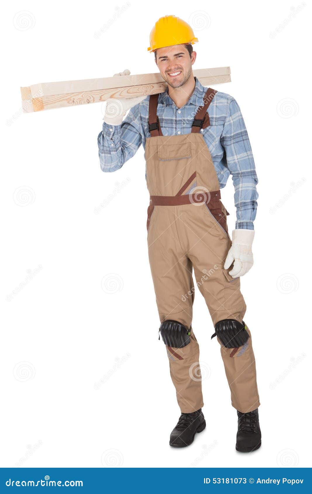 Worker Wearing Hard Hat and Carrying Timber Stock Image - Image of ...
