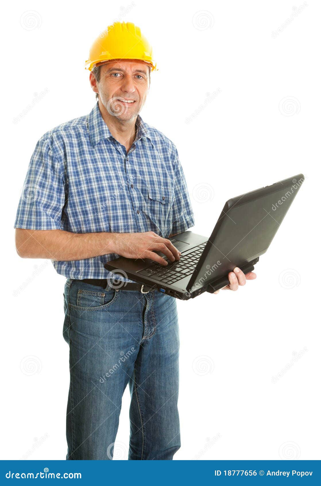Worker Wearing Hard Hat and Using Leptop Stock Photo - Image of ...