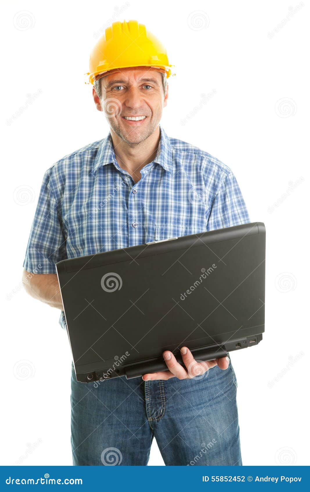 Worker Wearing Hard Hat and Using Leptop Stock Photo - Image of ...