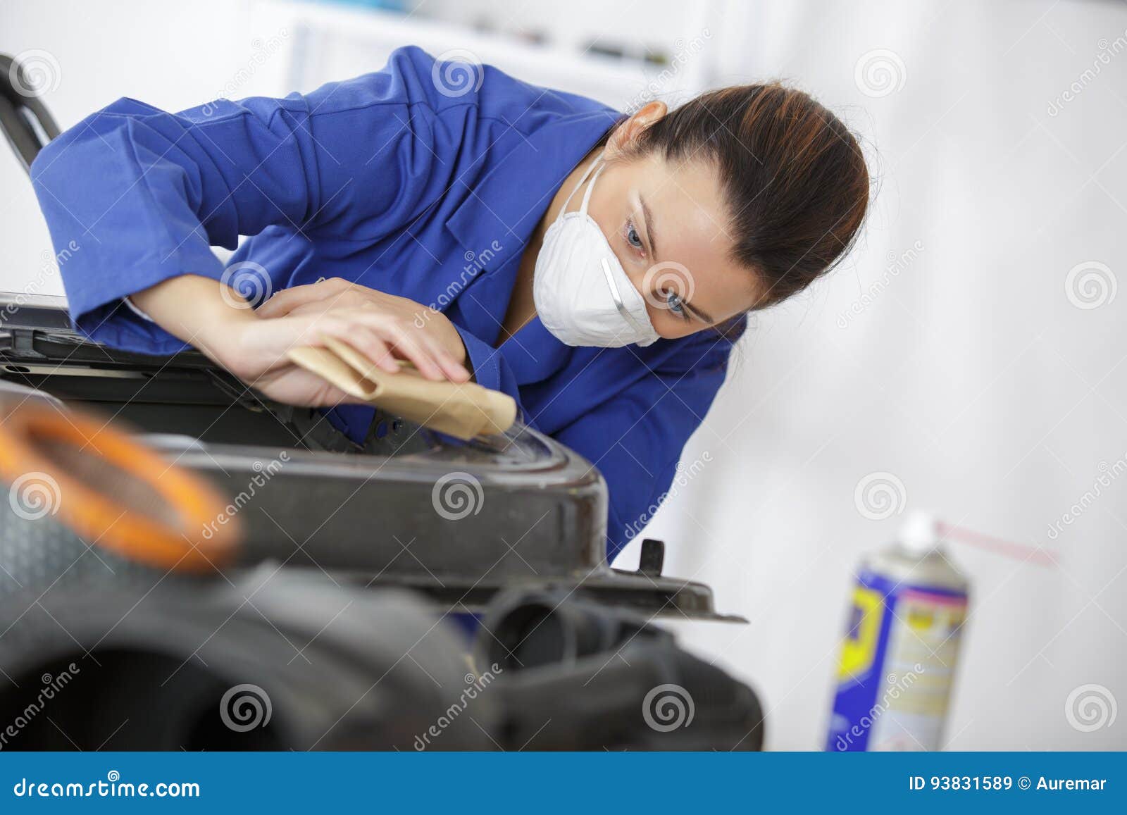 Worker Wearing Mask and Using Sandpaper Stock Image - Image of paper ...