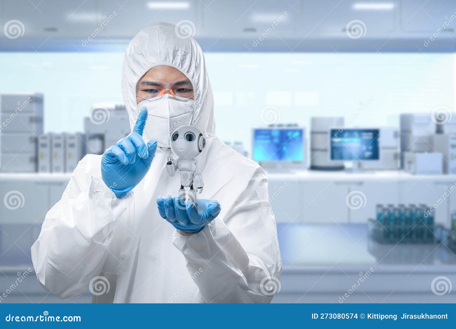 Worker Wears Medical Protective Suit or Coverall Suit with Small Robot ...