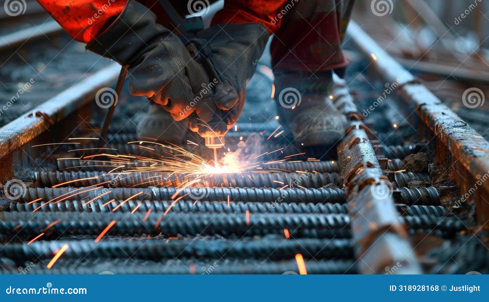 A Worker is Welding Additional Steel Bars Onto the Existing Structure ...