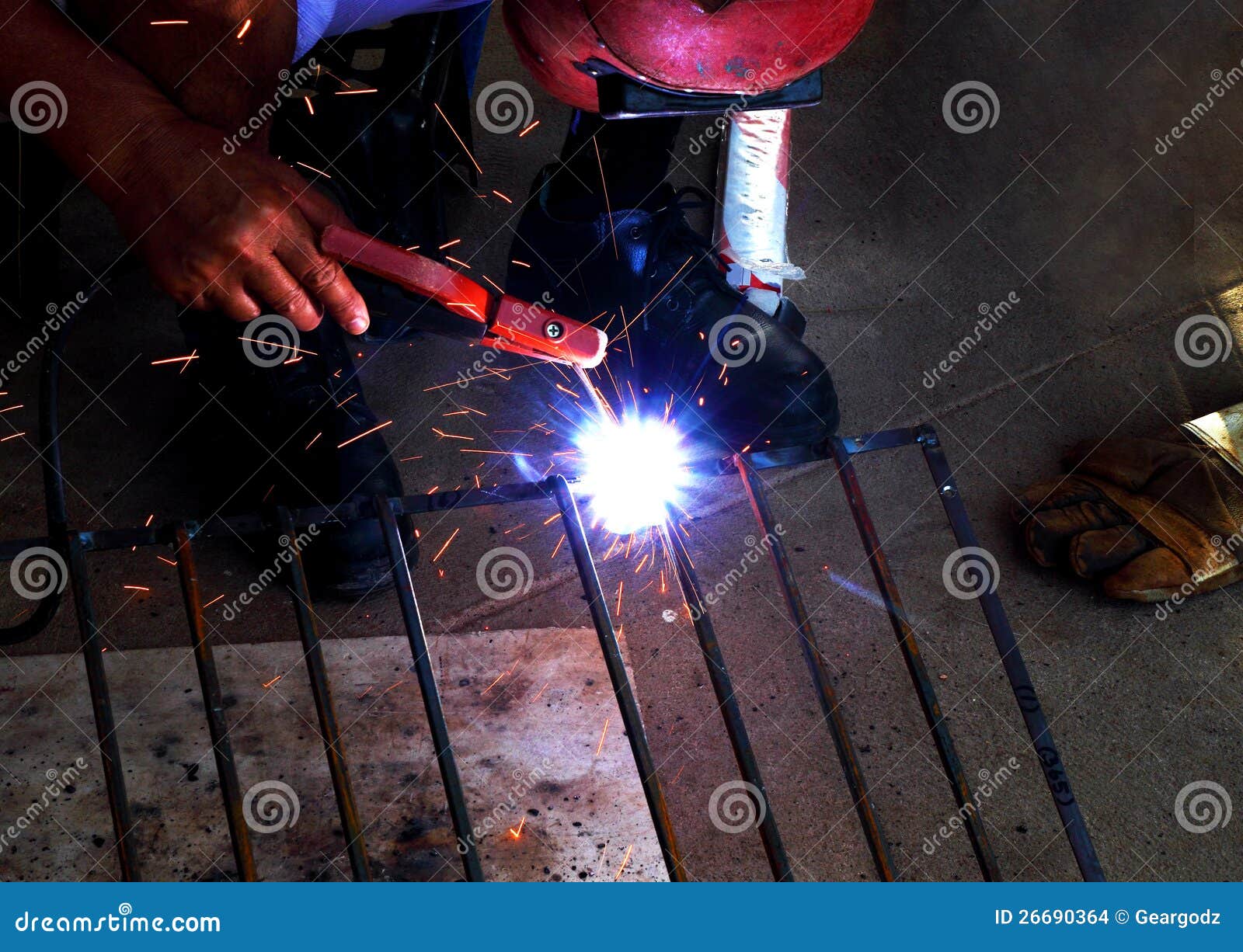 Worker Welding Connecting Square Bar Stock Photo - Image of flash ...