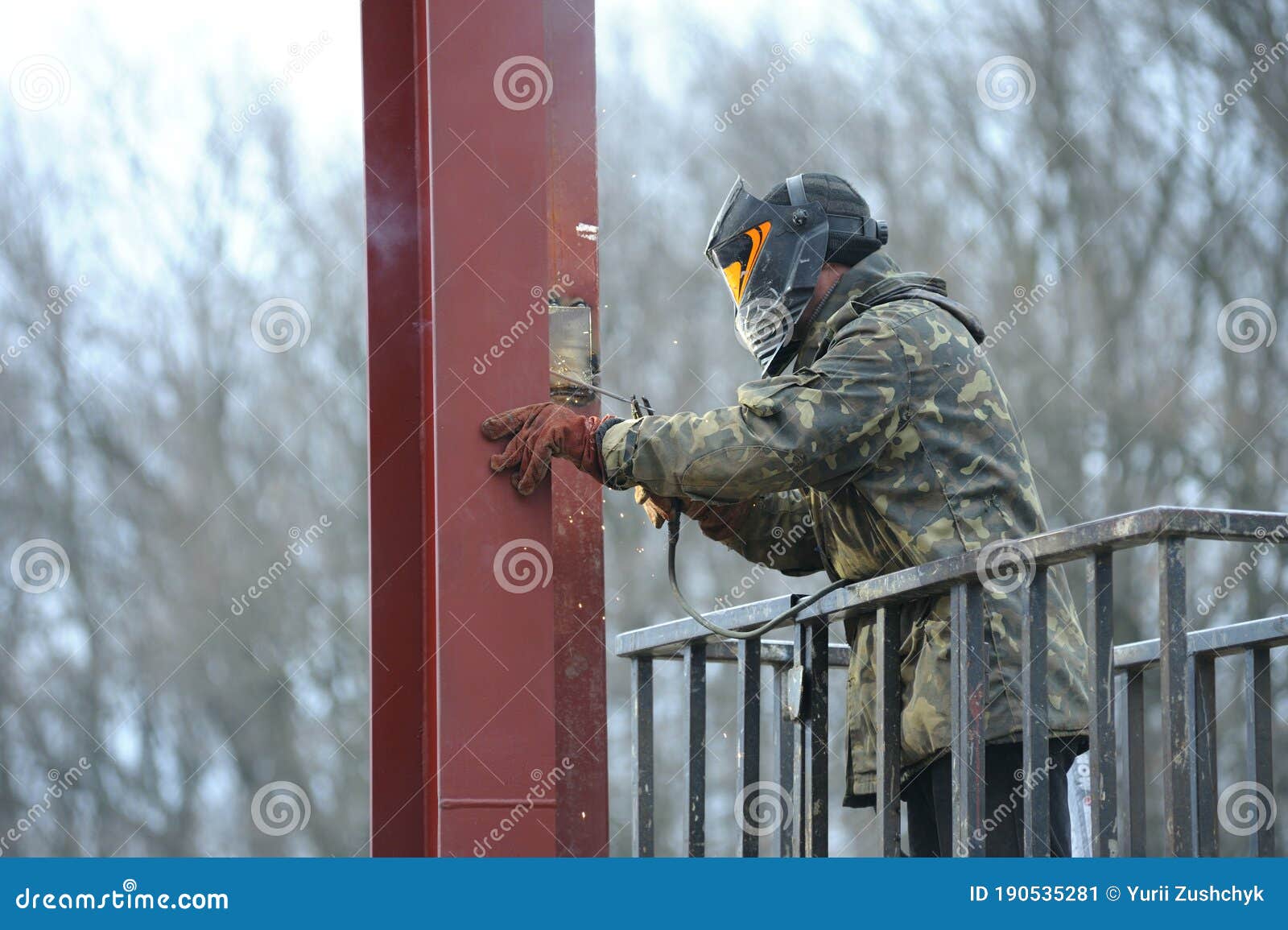 Worker Welding Metal Carcass Using Truck Mounted Lift Stock Image ...