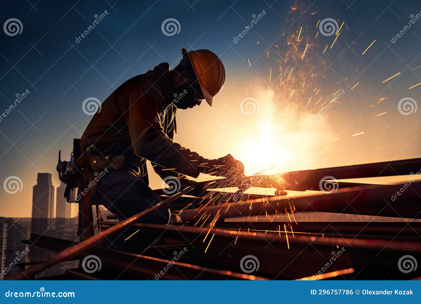 Worker Welding Steel Beams on a High-rise Building Under Construction ...