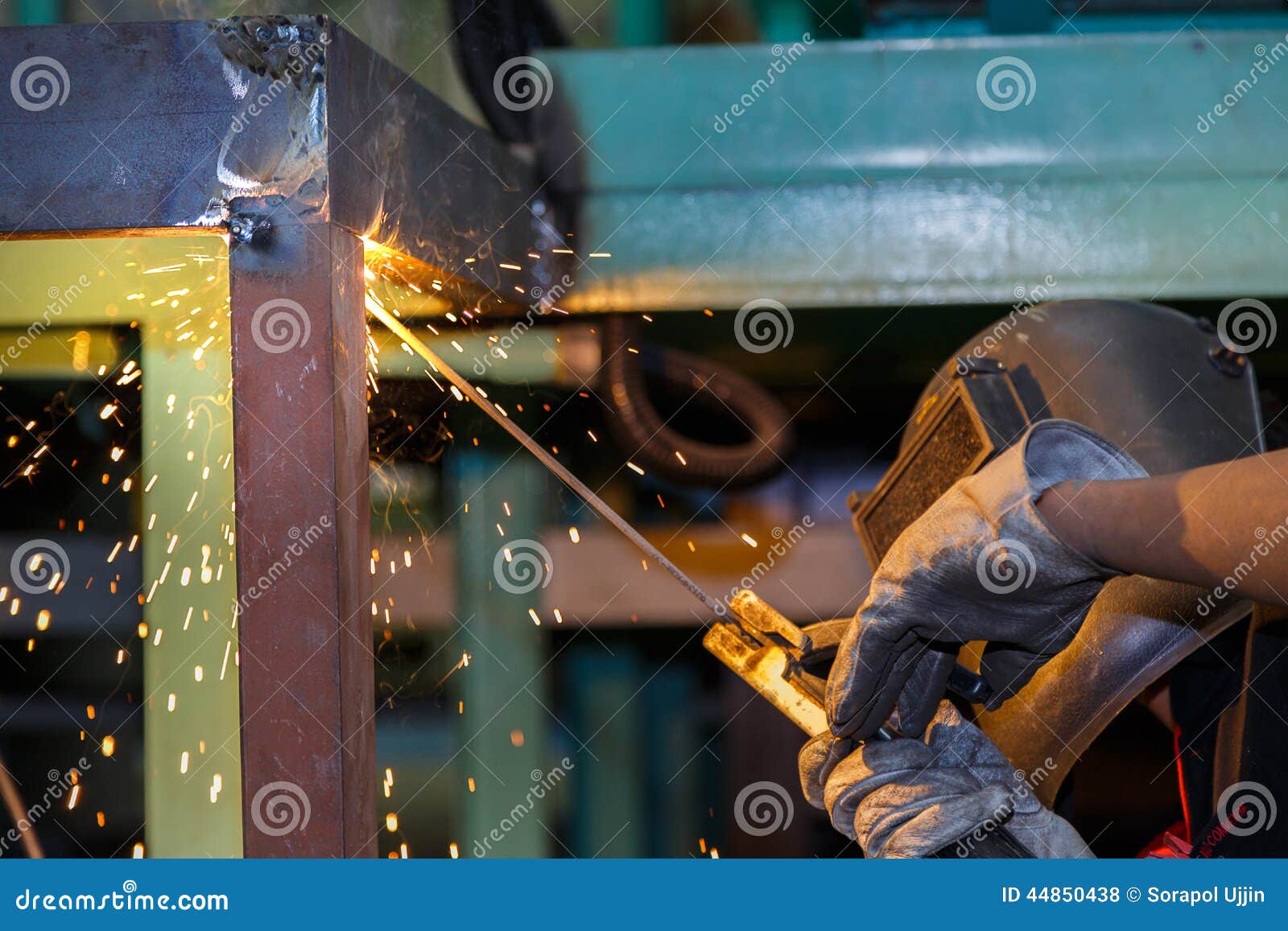 Worker Welding Steel Construction by Electric Welding Stock Photo ...