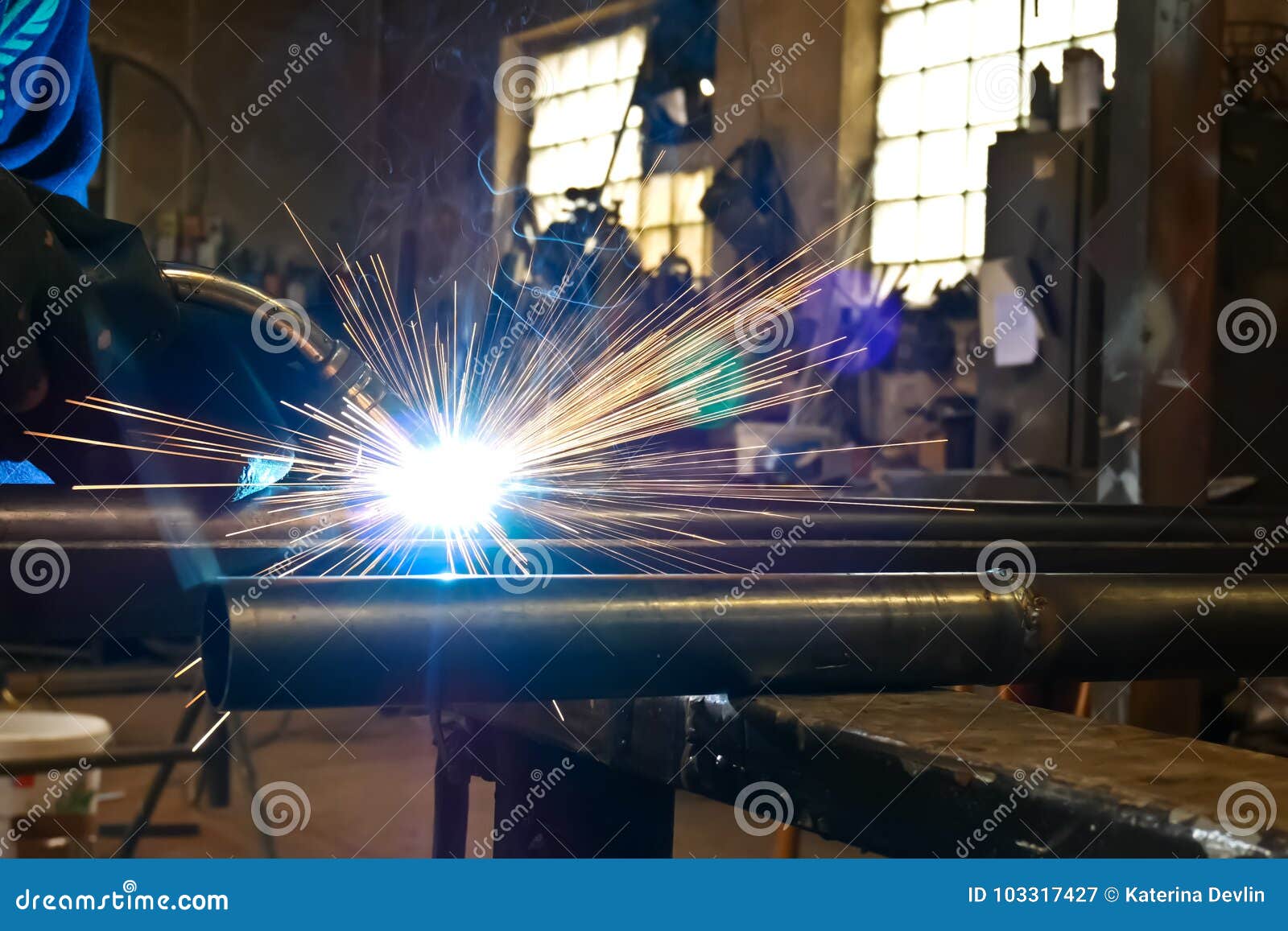 Worker Welds A Reinforcement Metal Frame Stock Photography ...