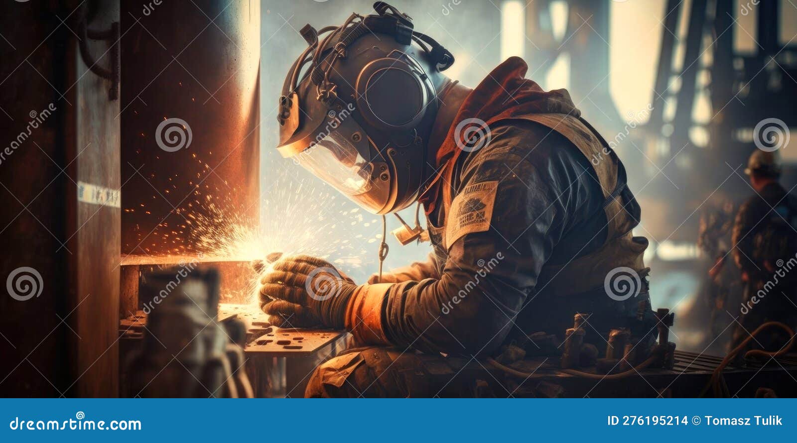 Worker Welds the Metal Hull of the Ship in the Shipyard , Ai Generative ...