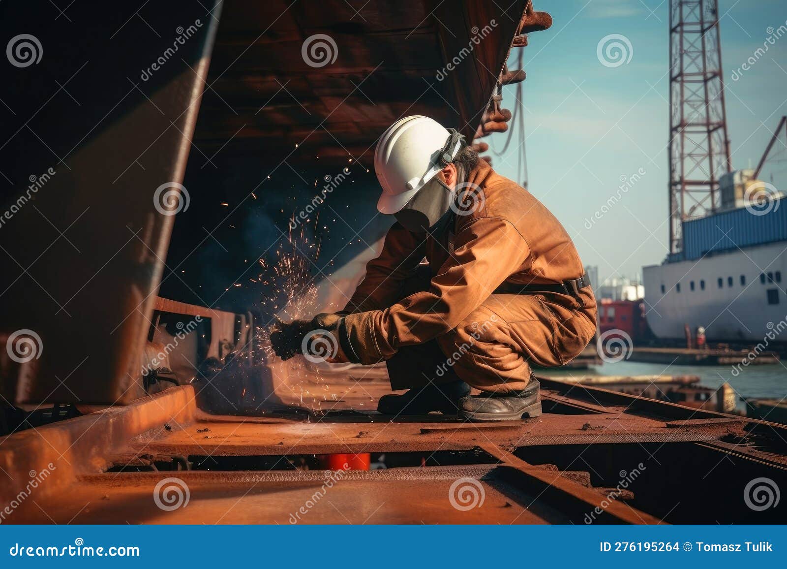 Worker Welds the Metal Hull of the Ship in the Shipyard , Ai Generative ...