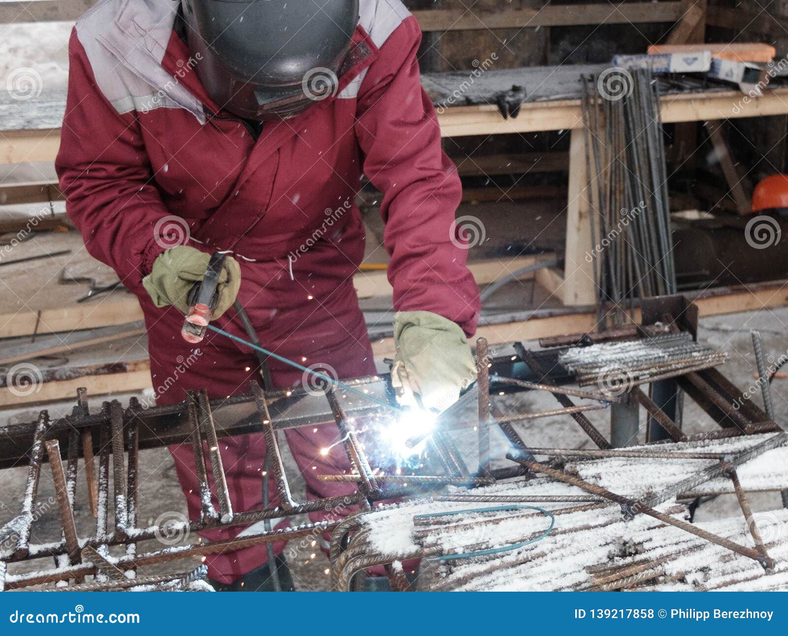 Worker Welds a Reinforcement Metal Frame Stock Photo - Image of builder ...