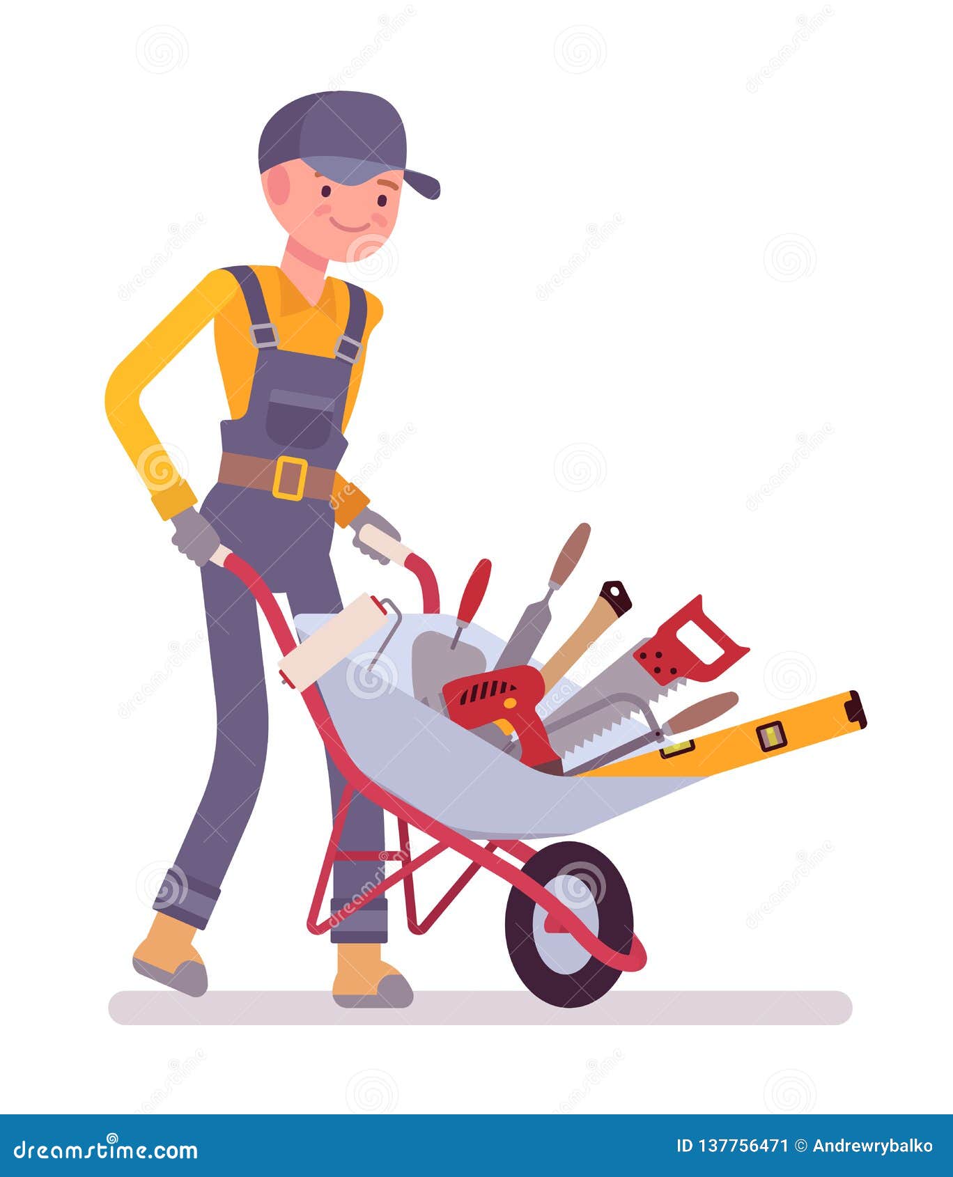 Worker with wheelbarrow stock vector. Illustration of snips - 137756471