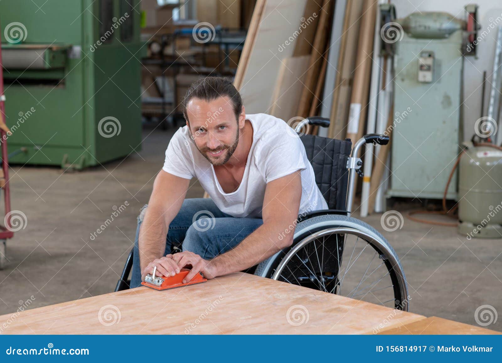 Worker in Wheelchairworkong in a Carpenter`s Workshop Stock Image ...