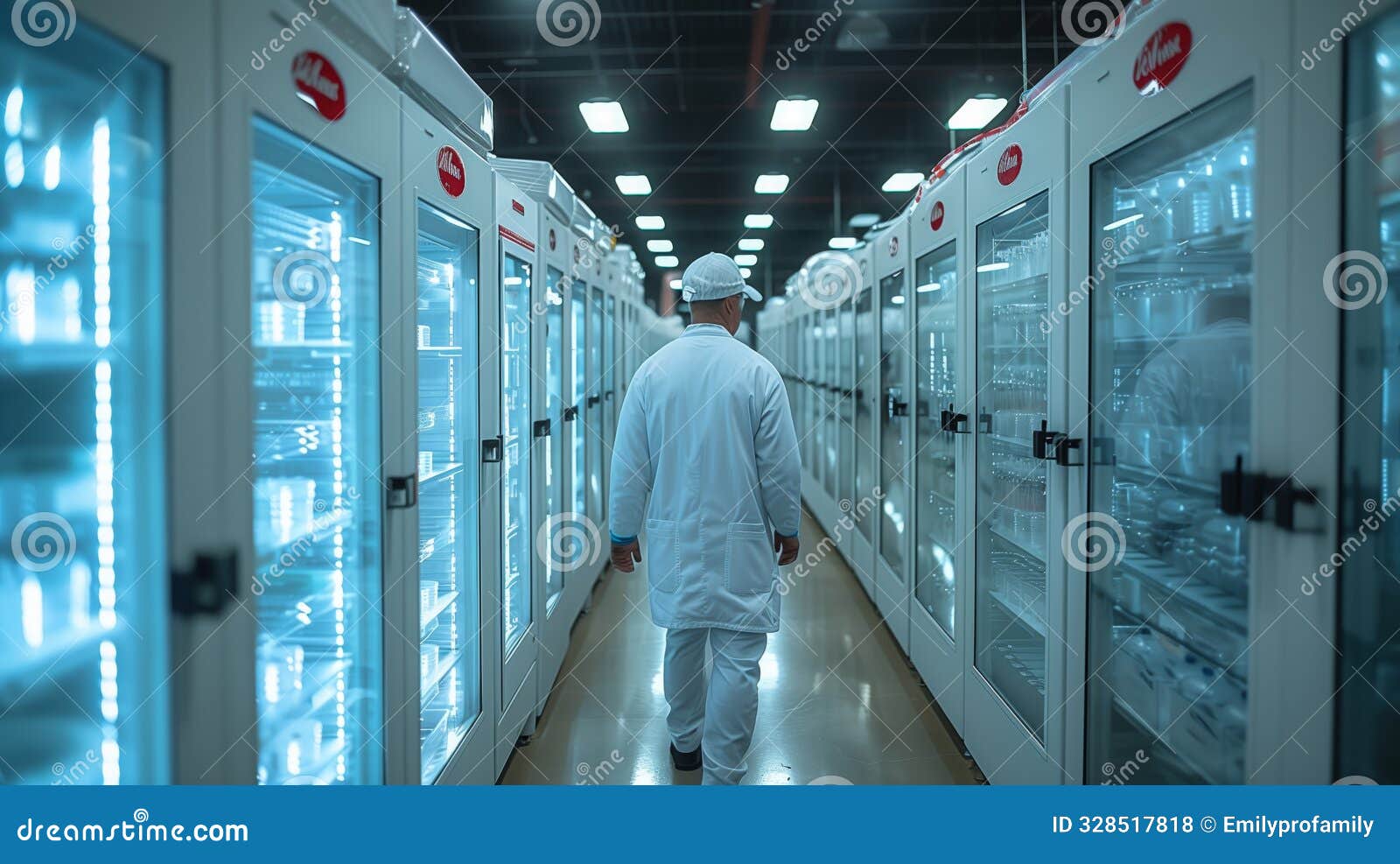 A Worker Walks through a Cold Storage Facility with Rows of ...