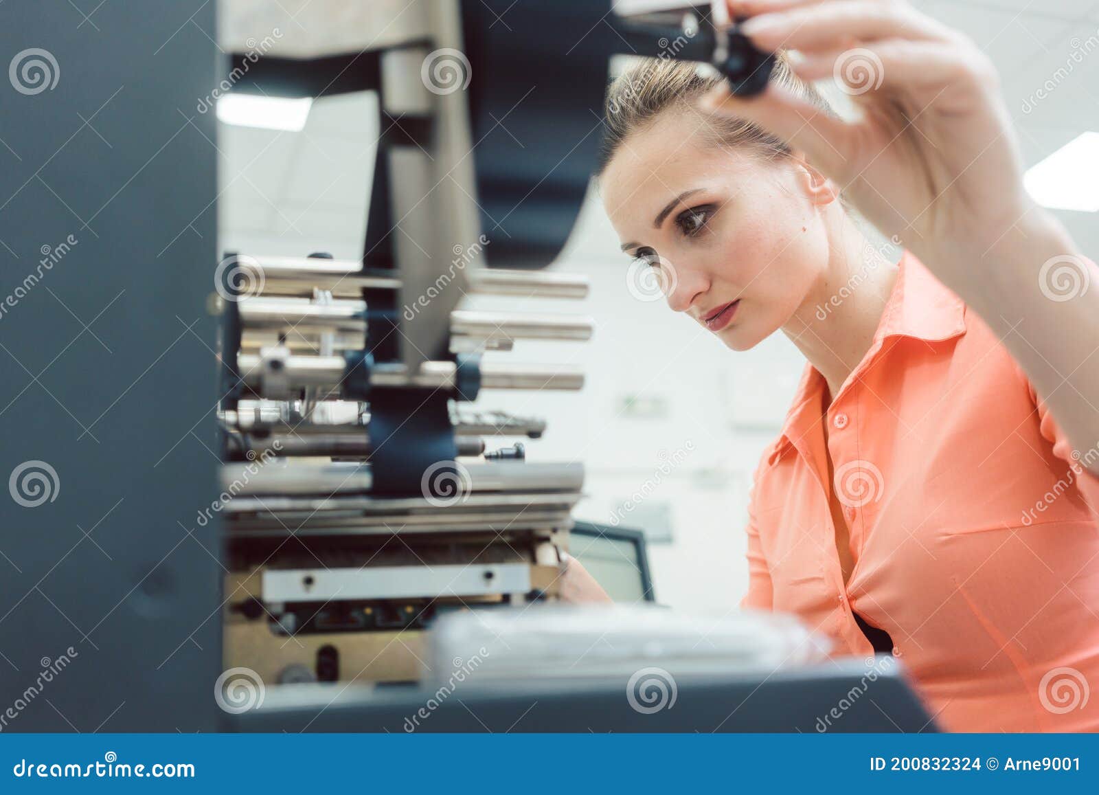 Worker Woman Putting New Labels in Printing Machine Stock Photo - Image ...
