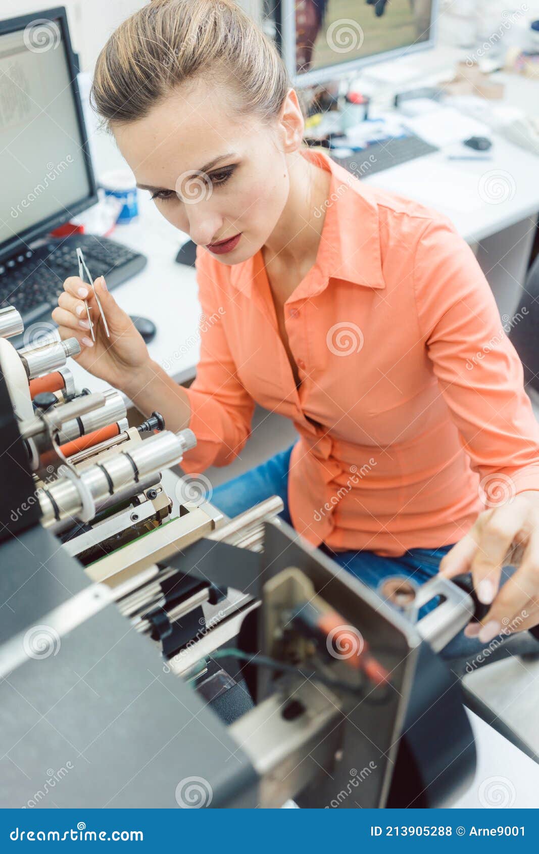 Worker Woman Putting New Labels in Printing Machine Stock Photo - Image ...