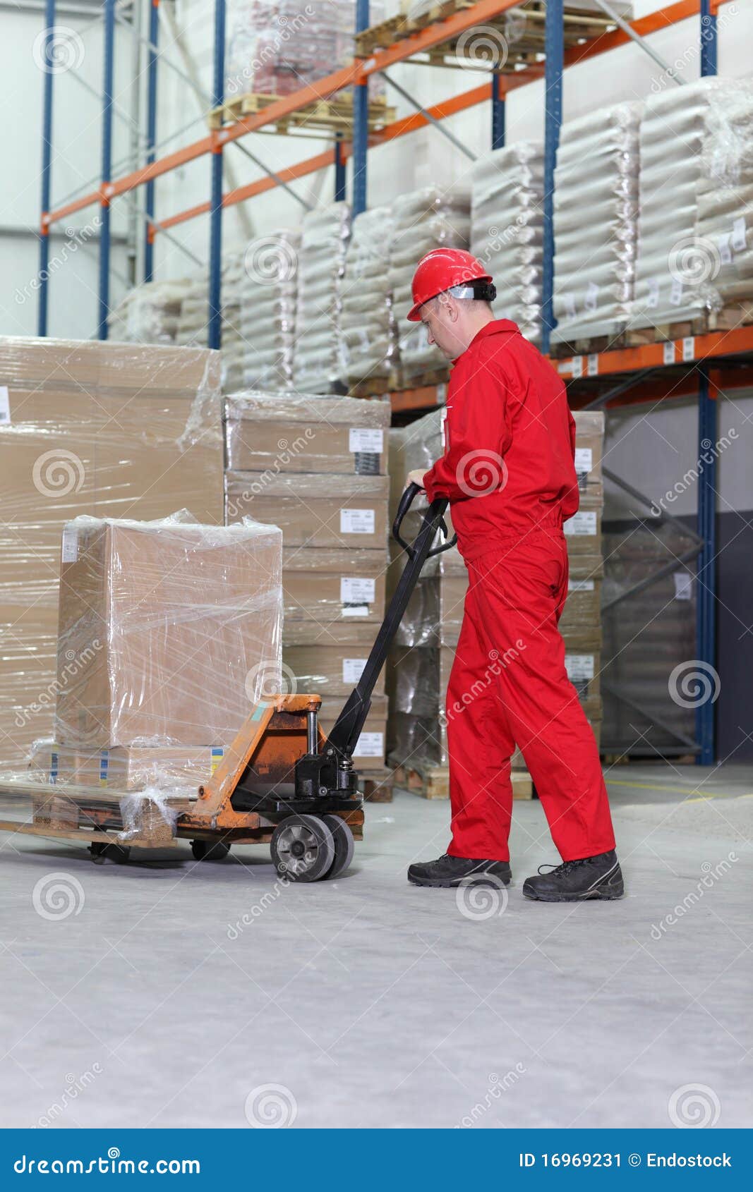 Worker at Work with Hand Powered Pallet Jack Stock Image - Image of ...