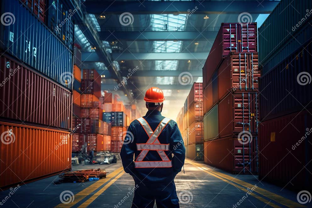 A Worker Working at Container , Man Worker Managing the Import and Export Container Stock ...