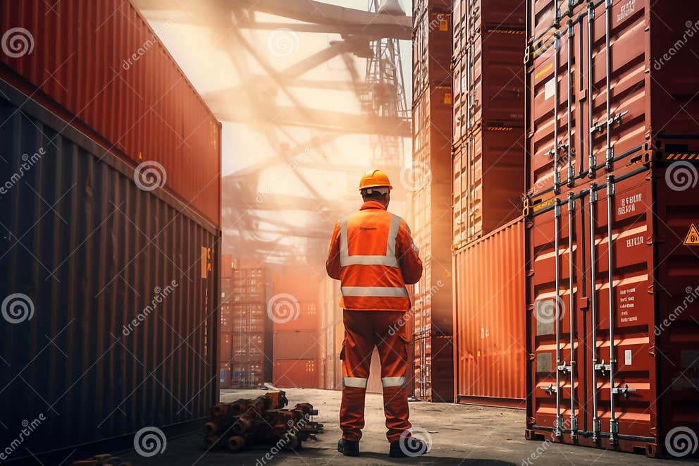 A Worker Working at Container , Man Worker Managing the Import and Export Container Stock ...