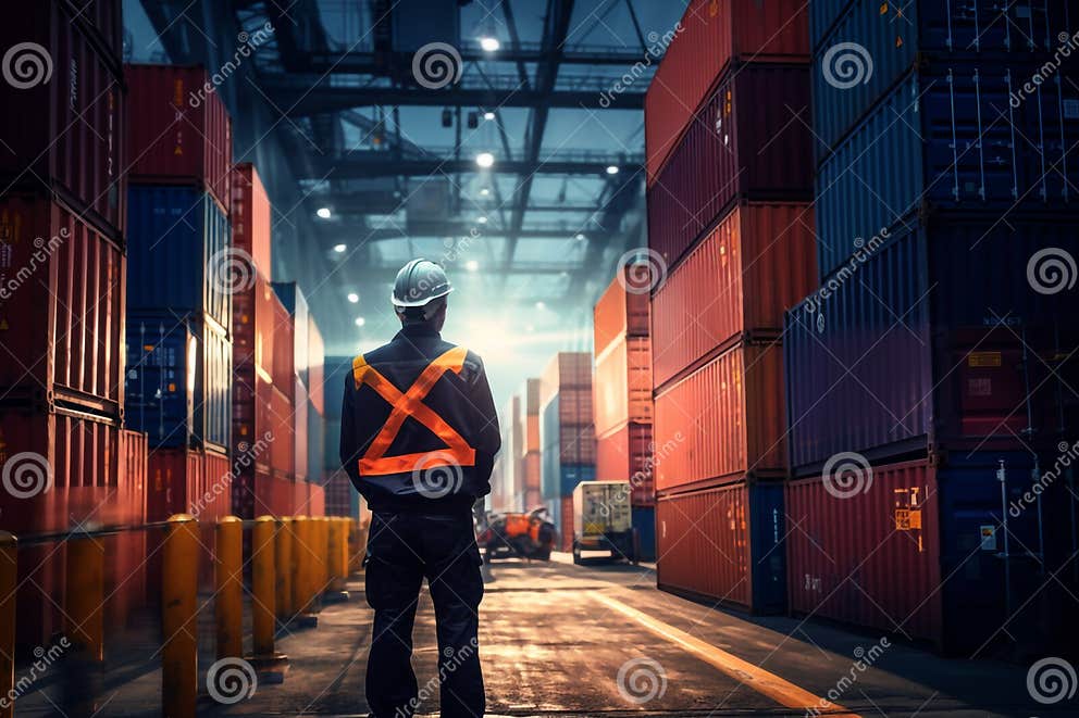 A Worker Working at Container , Man Worker Managing the Import and Export Container Stock ...
