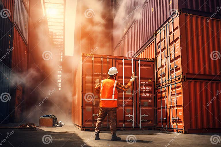 A Worker Working at Container , Man Worker Managing the Import and Export Container Stock ...