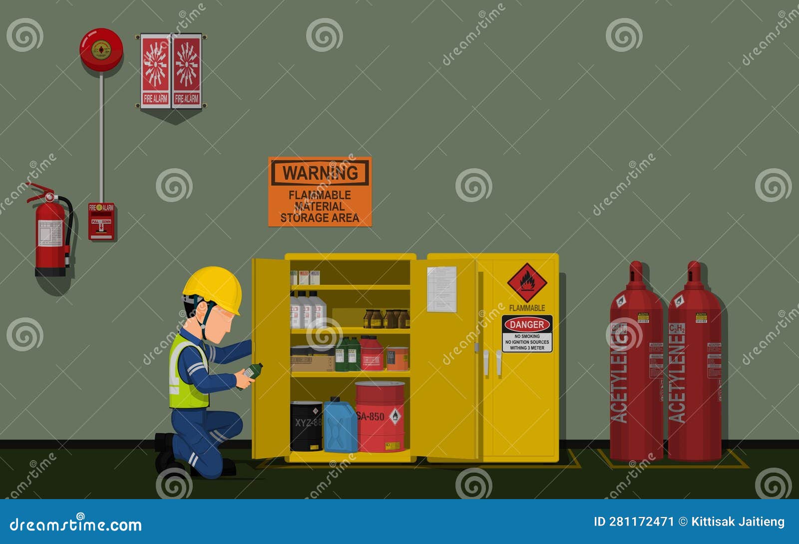 Worker is Working in the Flammable Material Storage Area Stock Vector ...