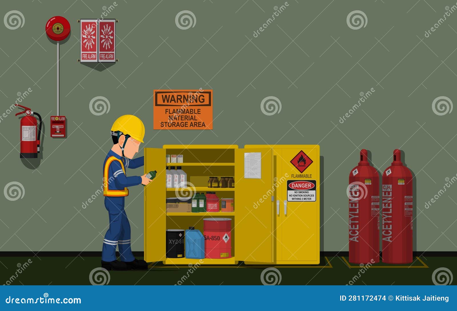 Worker is Working in the Flammable Material Storage Area Stock Vector ...