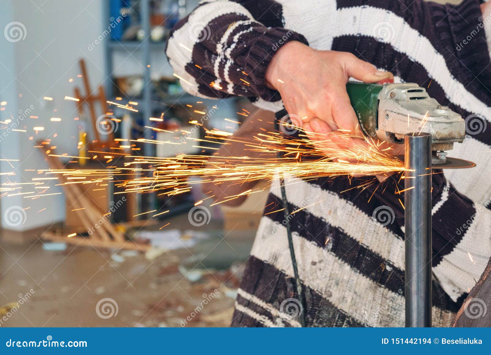 Worker Working with Hand Grinder Stock Photo - Image of hand, iron ...
