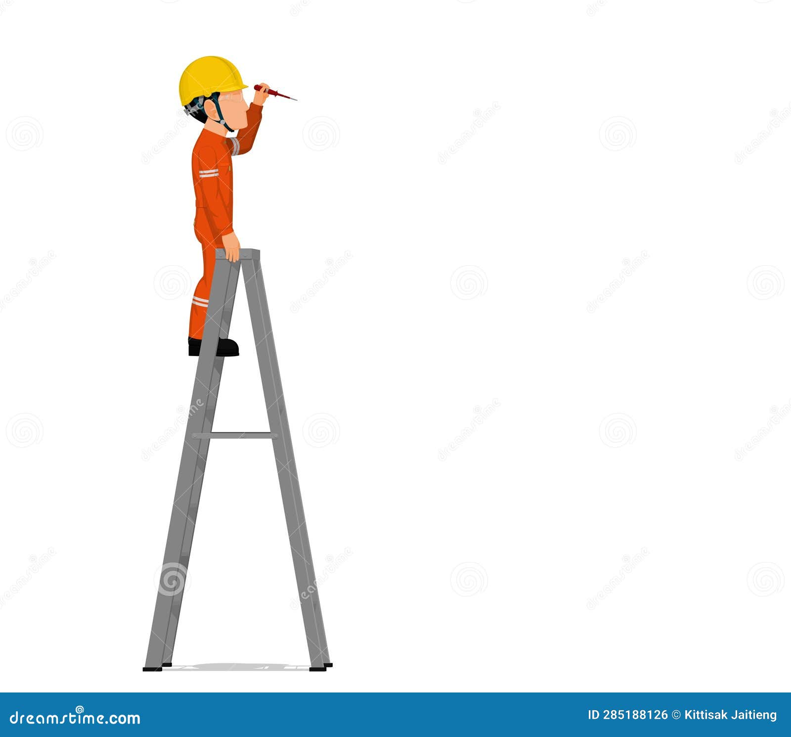 A Worker is Working on the Ladder Stock Vector - Illustration of work ...
